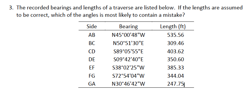 Solved 3. The recorded bearings and lengths of a traverse | Chegg.com