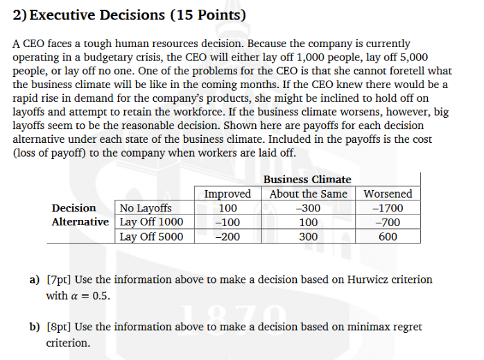 Solved 2) Executive Decisions (15 Points) A CEO faces a | Chegg.com