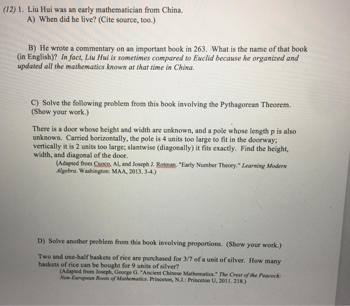 Solved Liu Hui was an early mathematician from China. A) | Chegg.com