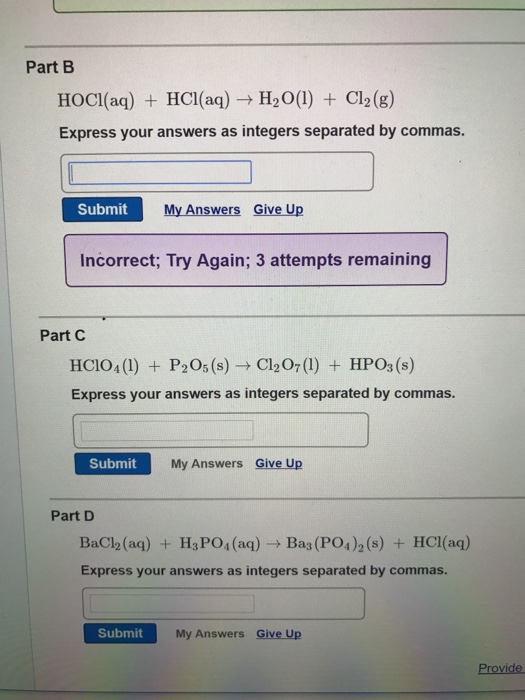 Solved Part B HOCI(aq) + HCl(aq)→ H2O(I) + Cl2(g) Express | Chegg.com