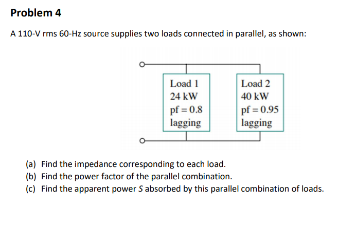 Solved Problem 4 A 110-V rms 60-Hz source supplies two loads | Chegg.com