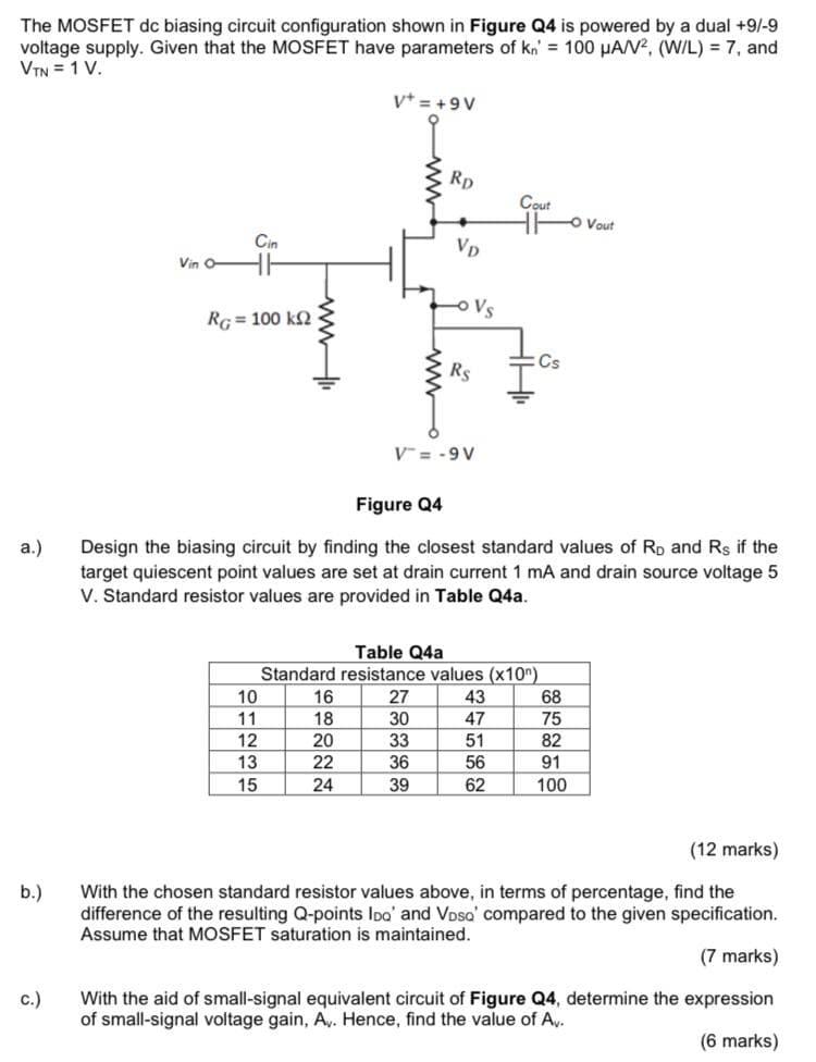 Solved The MOSFET dc biasing circuit configuration shown in | Chegg.com