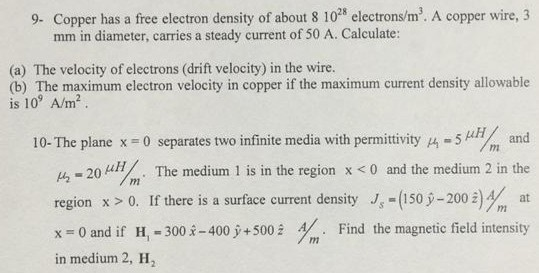 Solved 9. Copper has a free electron density of about 8 102 | Chegg.com