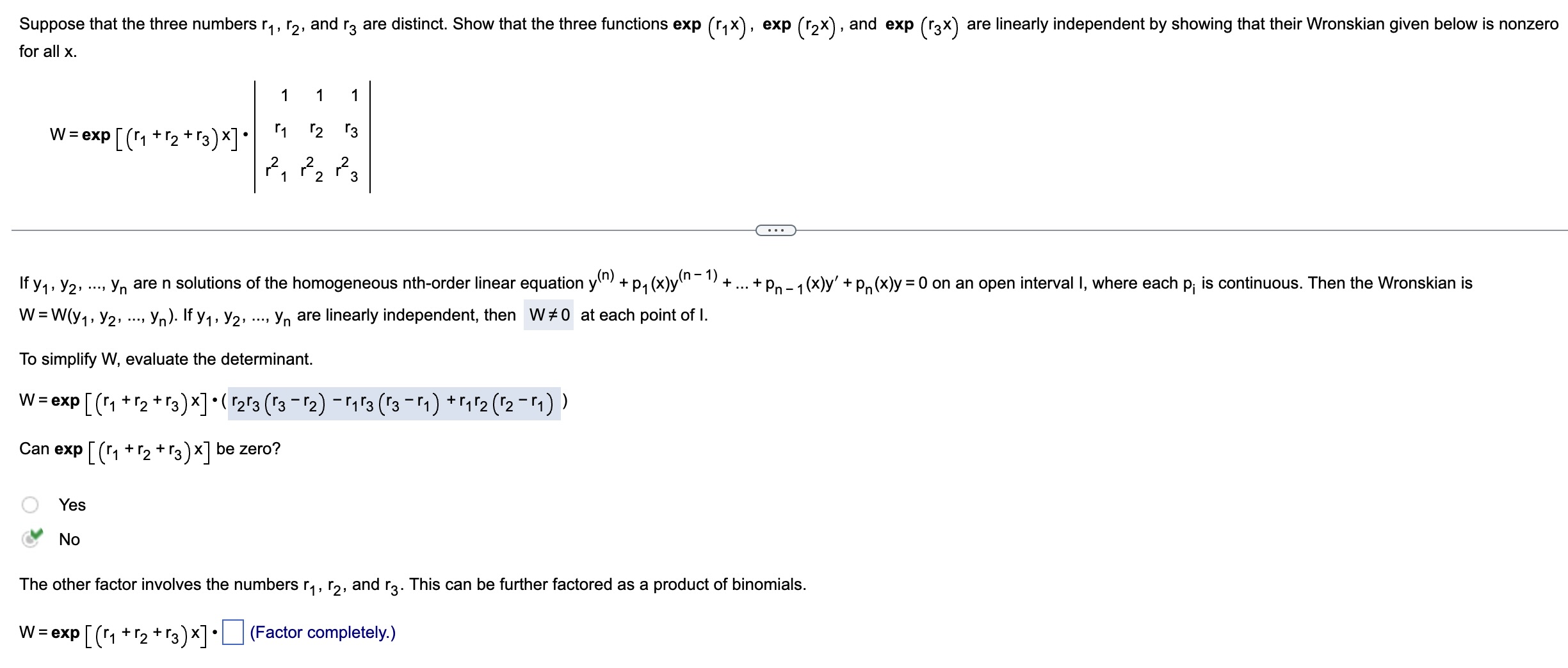 Solved for all x. W=exp[(r1+r2+r3)x]⋅∣∣1r1r121r2r221r3r32∣∣ | Chegg.com