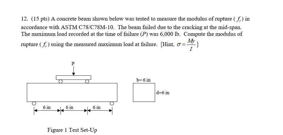 Solved 12. (15 pts) A concrete beam shown below was tested | Chegg.com