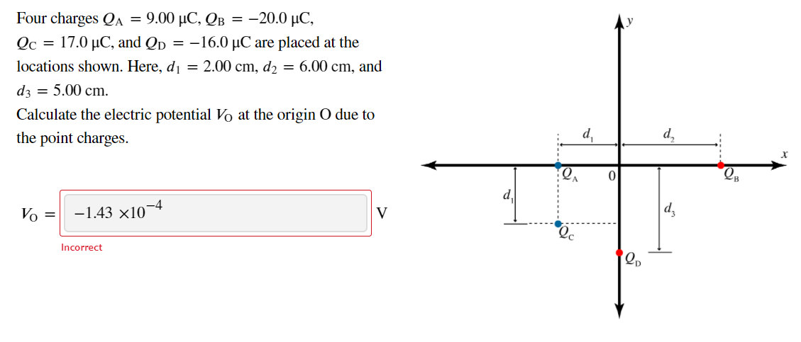 Solved Four charges QA = 9.00 uC, QB = –20.0 uC, Qc = 17.0 | Chegg.com