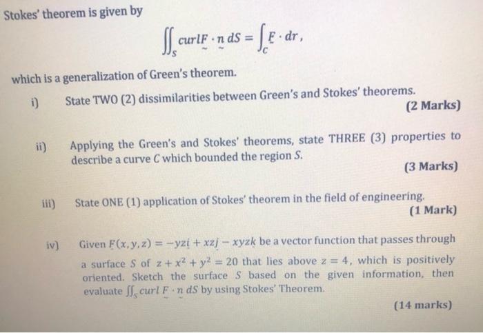 Solved Stokes' theorem is given by = Na curlf ºn ds = [E dr | Chegg.com