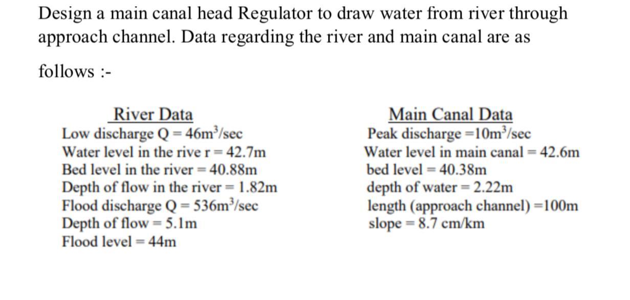 Solved Design a main canal head Regulator to draw water from | Chegg.com