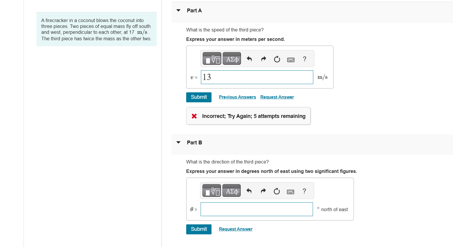 Solved A firecracker in a coconut blows the coconut into | Chegg.com