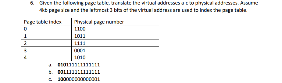 Solved 6. Given the following page table, translate the | Chegg.com