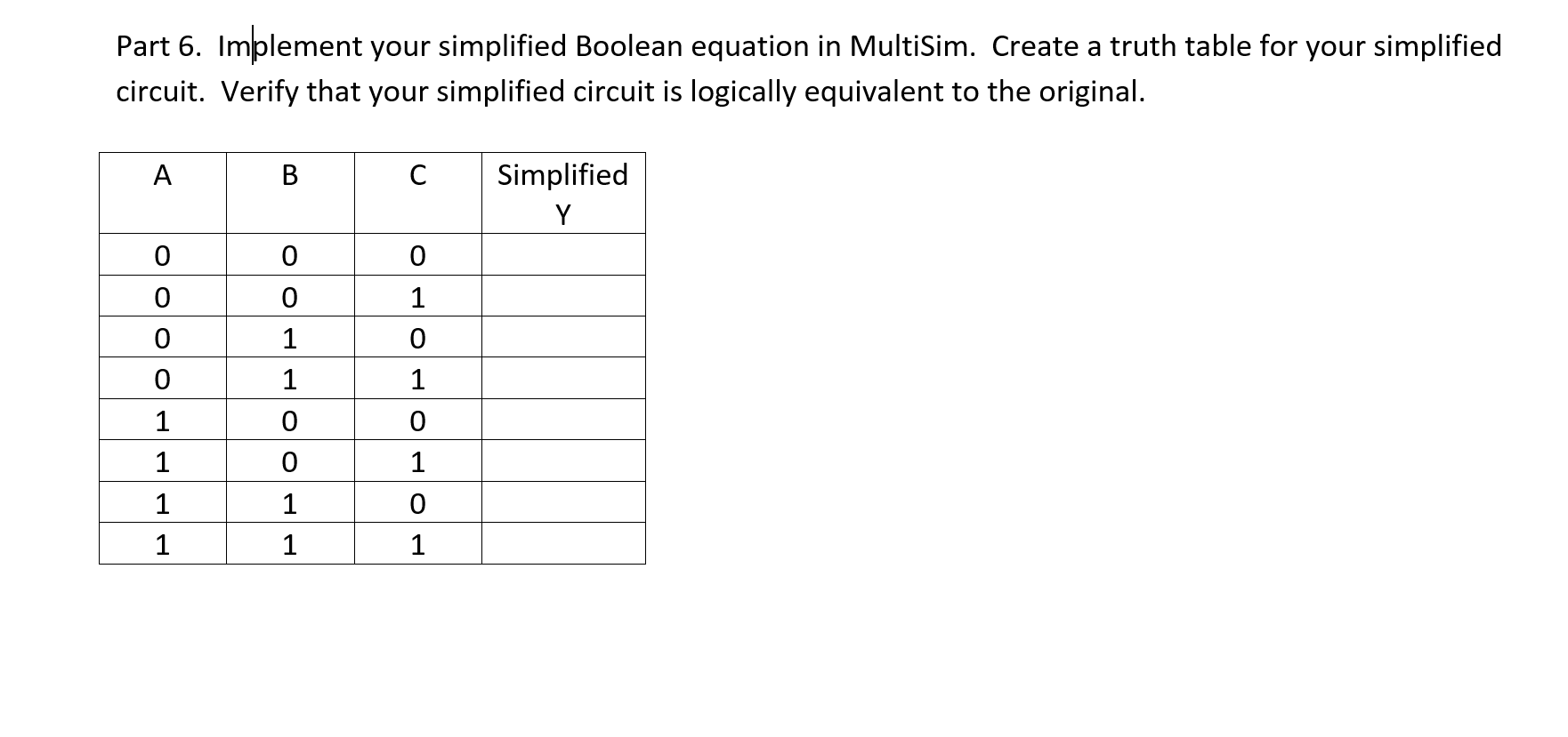 Solved Part 6. Implement your simplified Boolean equation | Chegg.com