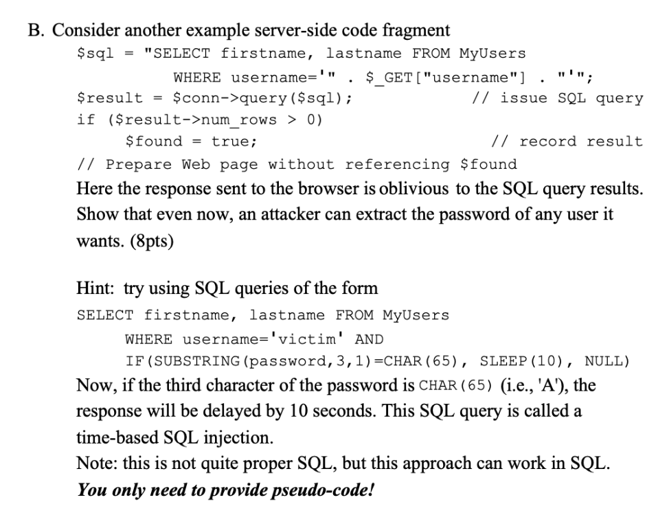 Solved Problem 4 - SQL Injection (16 points total): Consider | Chegg.com