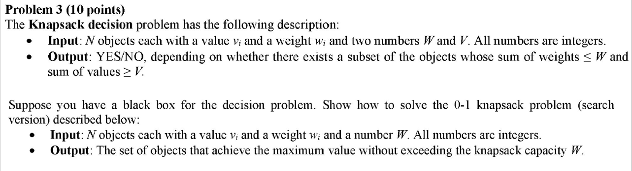 Solved Problem 3 (10 points) The Knapsack decision problem | Chegg.com