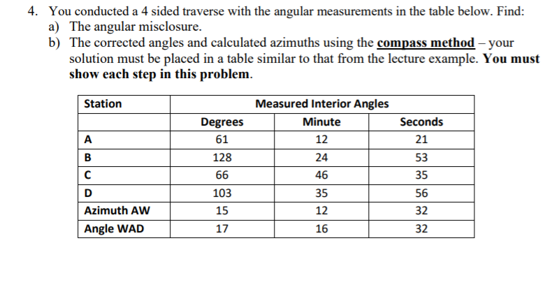 Solved 4. You conducted a 4 sided traverse with the angular | Chegg.com