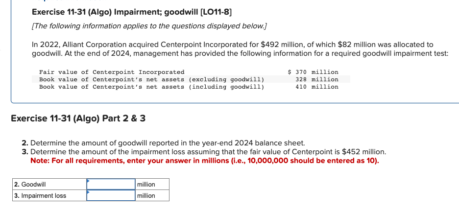 Solved Exercise 11-31 (Algo) Impairment; goodwill [LO11-8] | Chegg.com