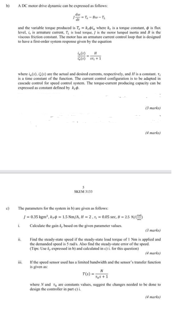 b) A DC motor drive dynamic can be expressed as | Chegg.com