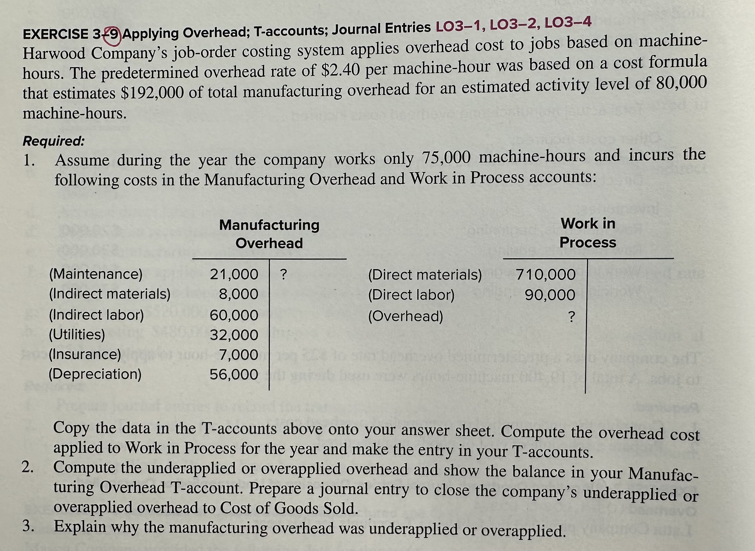 EXERCISE 3-9Applying Overhead; T-accounts; Journal | Chegg.com