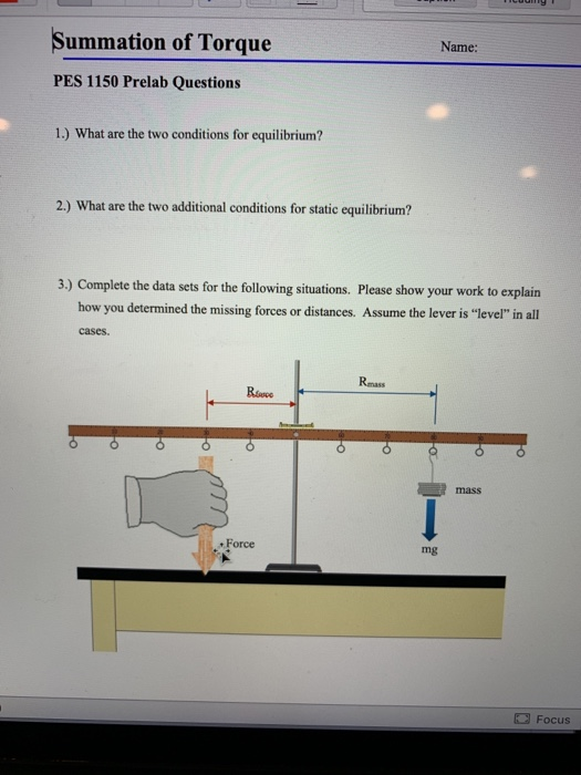 Solved Summation of Torque Name: PES 1150 Prelab Questions | Chegg.com