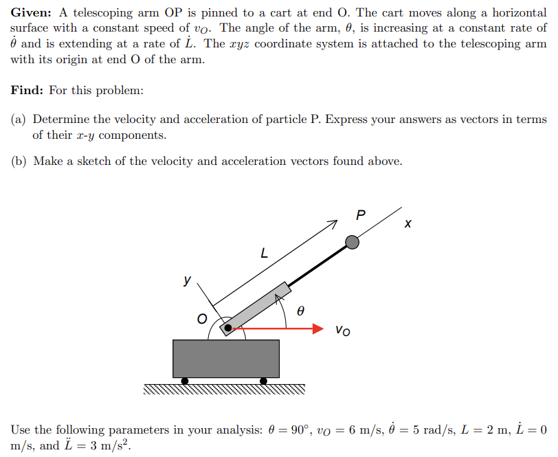 Solved Given: A telescoping arm OP is pinned to a cart at | Chegg.com