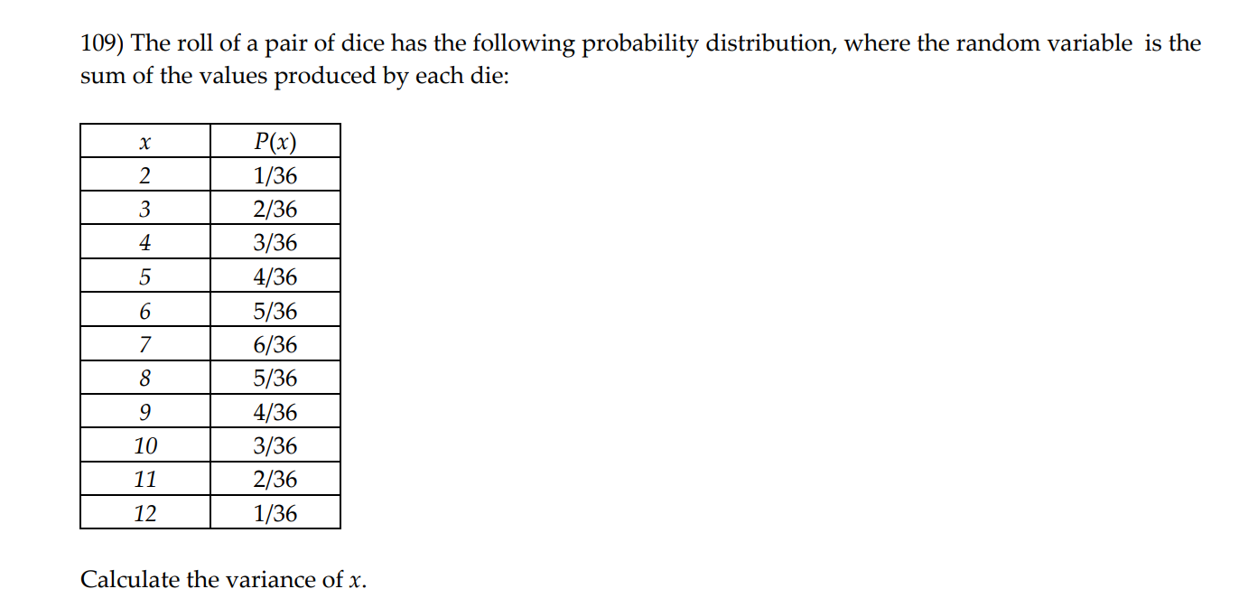 Solved 109) The roll of a pair of dice has the following | Chegg.com