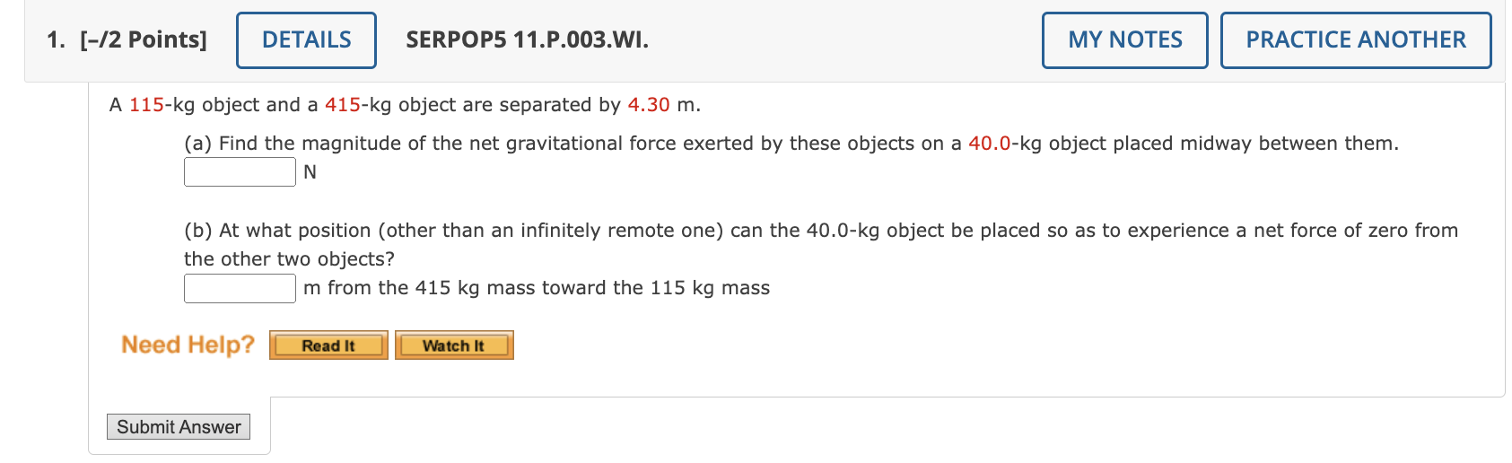 Solved A 115−kg object and a 415−kg object are separated by | Chegg.com