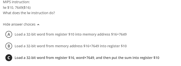 Solved MIPS instruction: Iw $10,7649($16) What does the Iw | Chegg.com