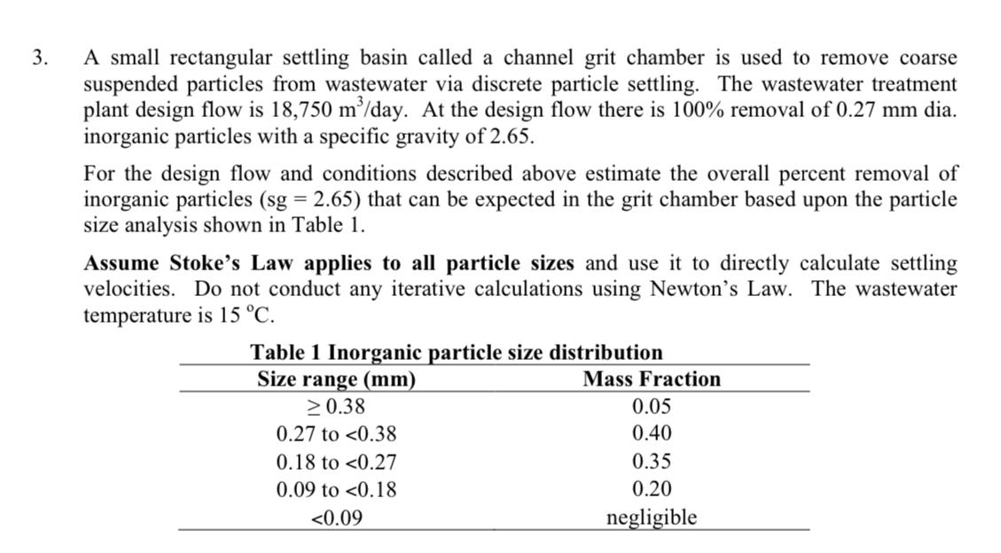 Solved A small rectangular settling basin called a channel | Chegg.com