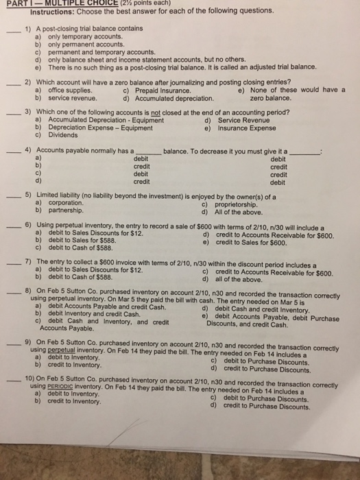 Solved PARTI-_ MULTIPLE CHOICE (2% points each) | Chegg.com