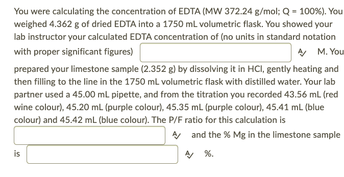 Solved You were calculating the concentration of EDTA (MW | Chegg.com