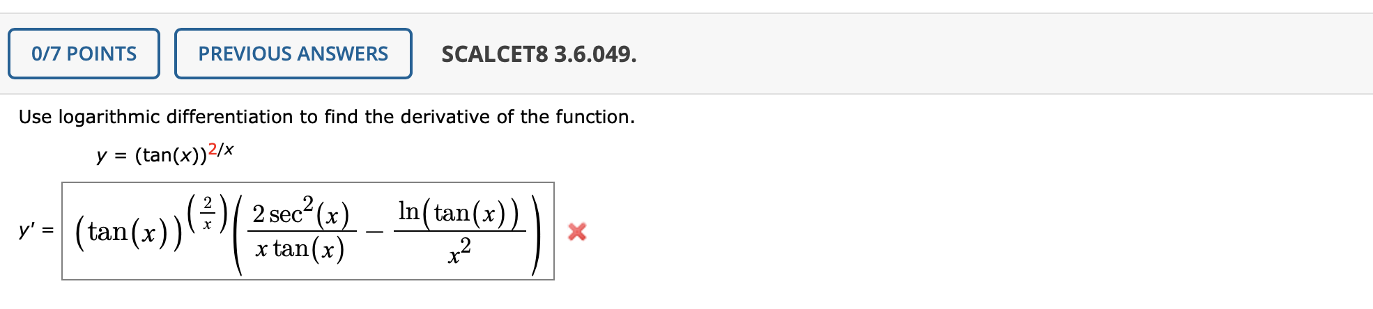 Solved 0/7 POINTS PREVIOUS ANSWERS SCALCET8 3.6.049. Use | Chegg.com