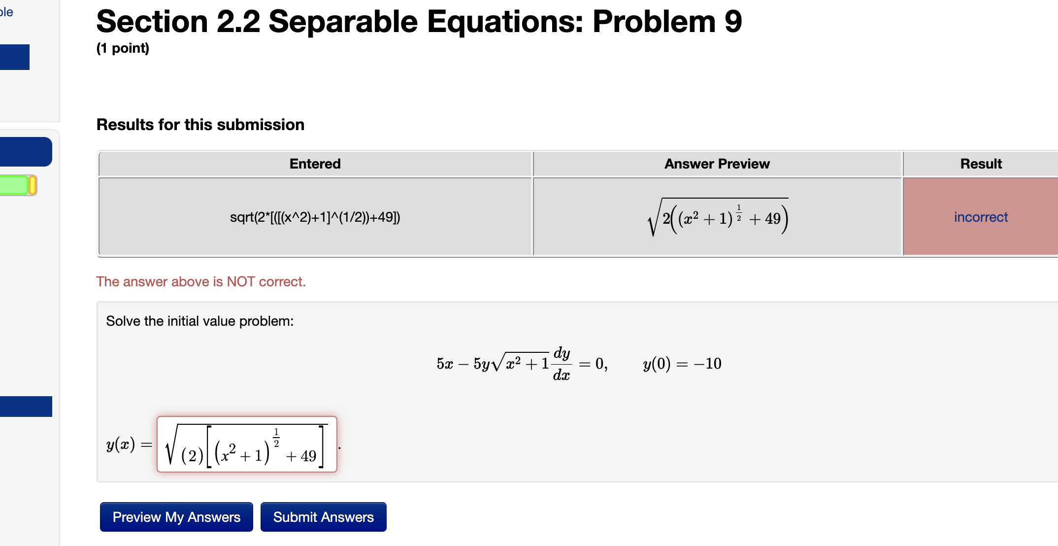 Solved Section 2 2 Separable Equations Problem 9 1 Point