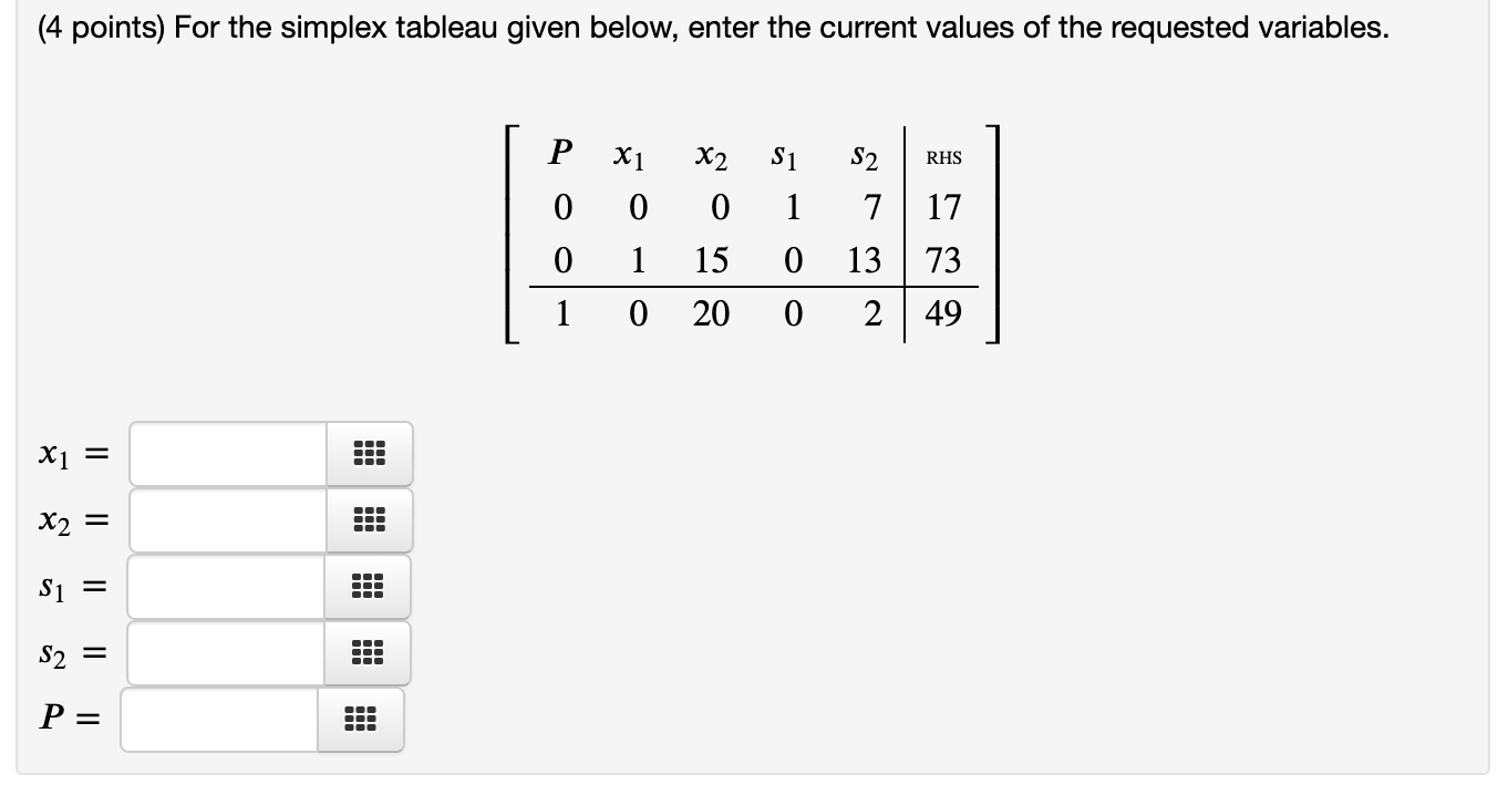 Solved (4 points) For the simplex tableau given below, enter | Chegg.com