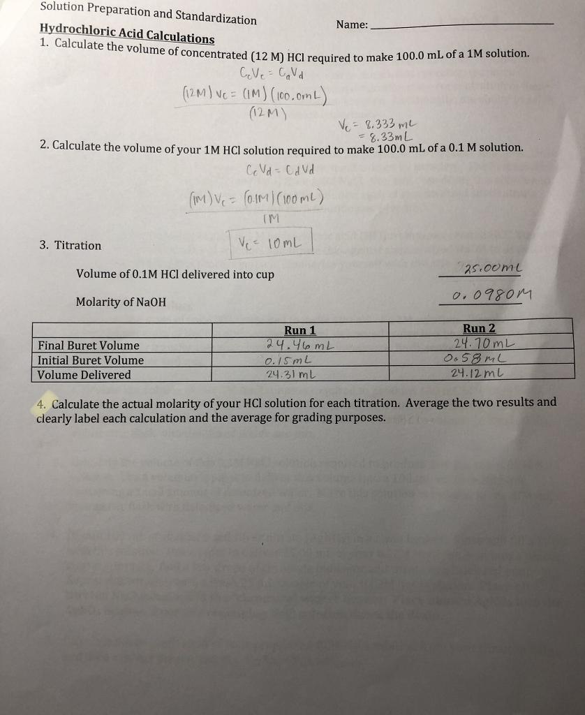 Solved Solution Preparation and Standardization Hydrochloric | Chegg.com