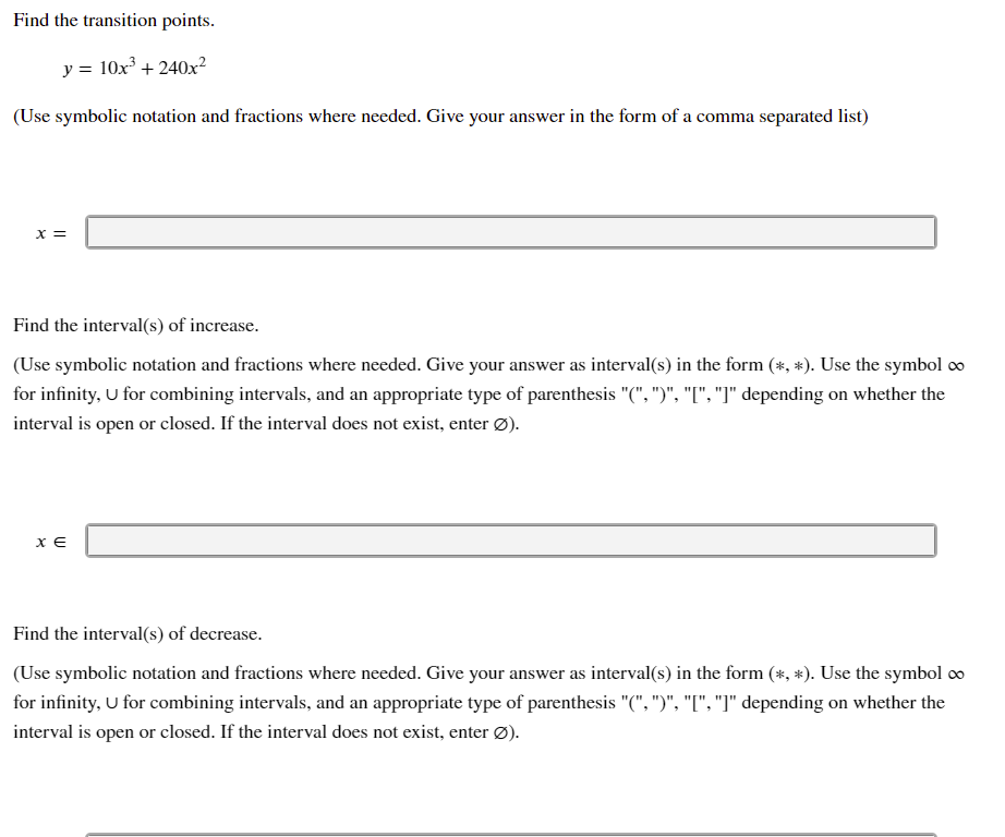 Solved Find the transition points. y = 10x + 240x2 (Use | Chegg.com