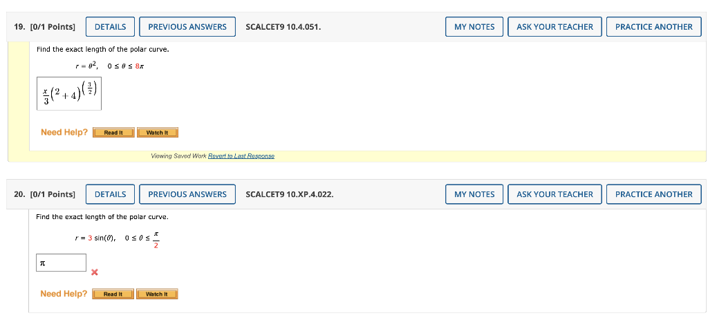 Solved 0/1 Points] SCALCET9 10.4.051. Find the exact length | Chegg.com