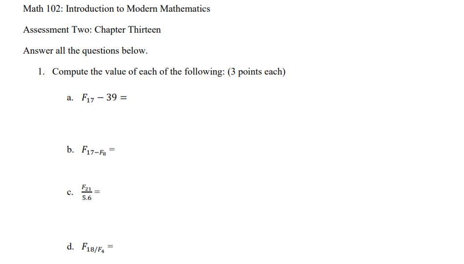 Solved Math 102: Introduction to Modern Mathematics | Chegg.com