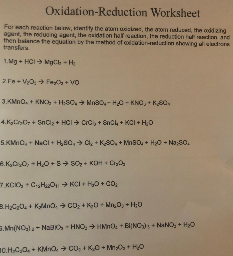 Oxidation Reduction Reaction Worksheet Balancing Redox Equations