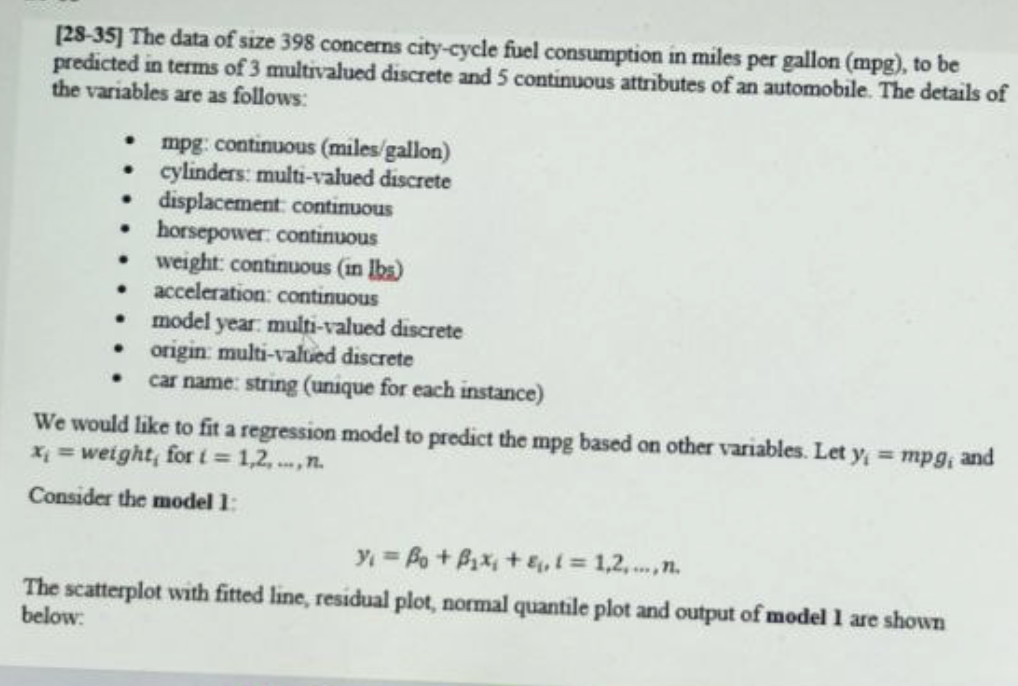 Solved [28-35] The data of size 398 concerns city-cycle fuel | Chegg.com