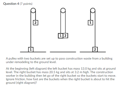 Solved Question 4 (7 points) 2 12 A pulley with two buckets | Chegg.com