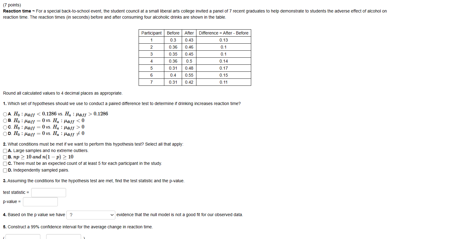 Solved (7 ﻿points)Reaction time ∼ ﻿For a special | Chegg.com