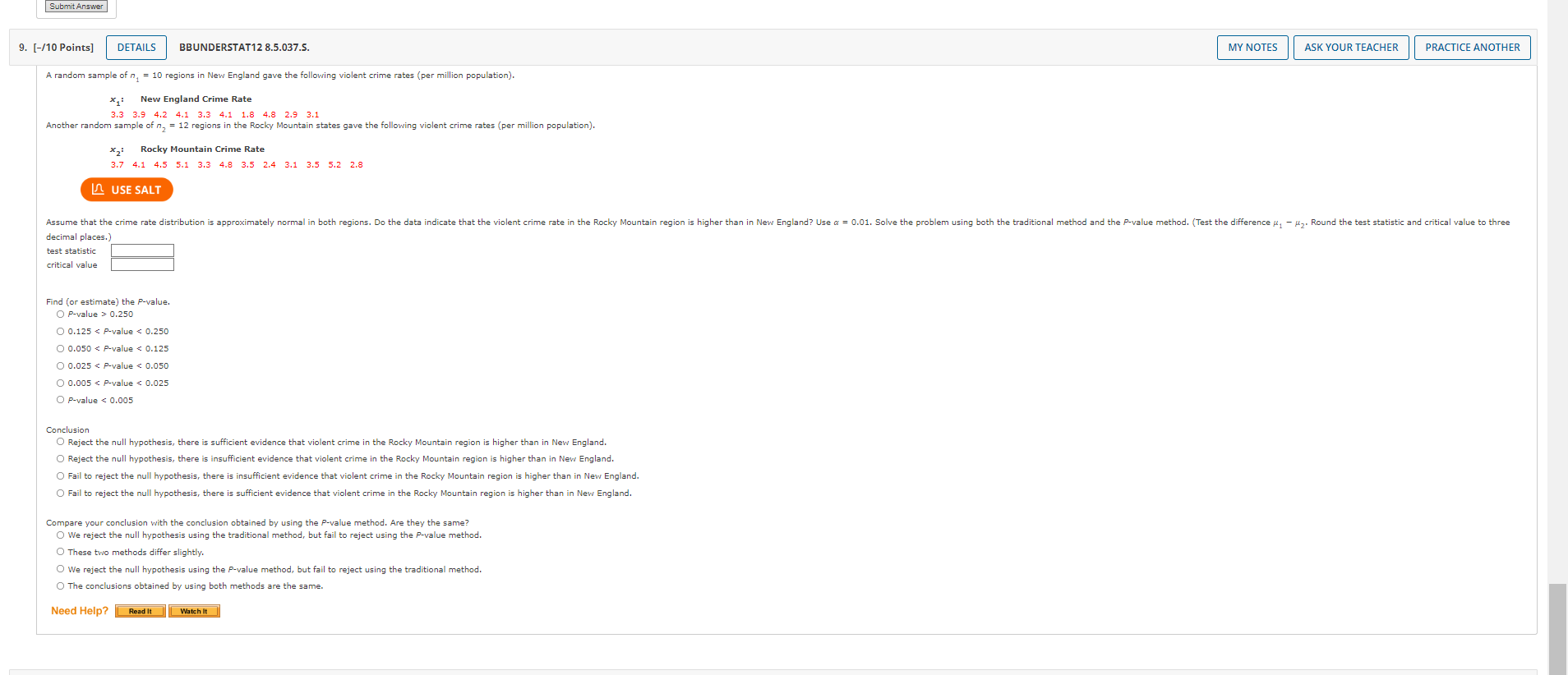 Solved Submit Answer 9. [-/10 Points] DETAILS BBUNDERSTAT12 | Chegg.com
