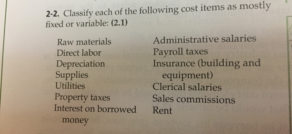 Solved 2-2. Classify each of the following cost items as | Chegg.com