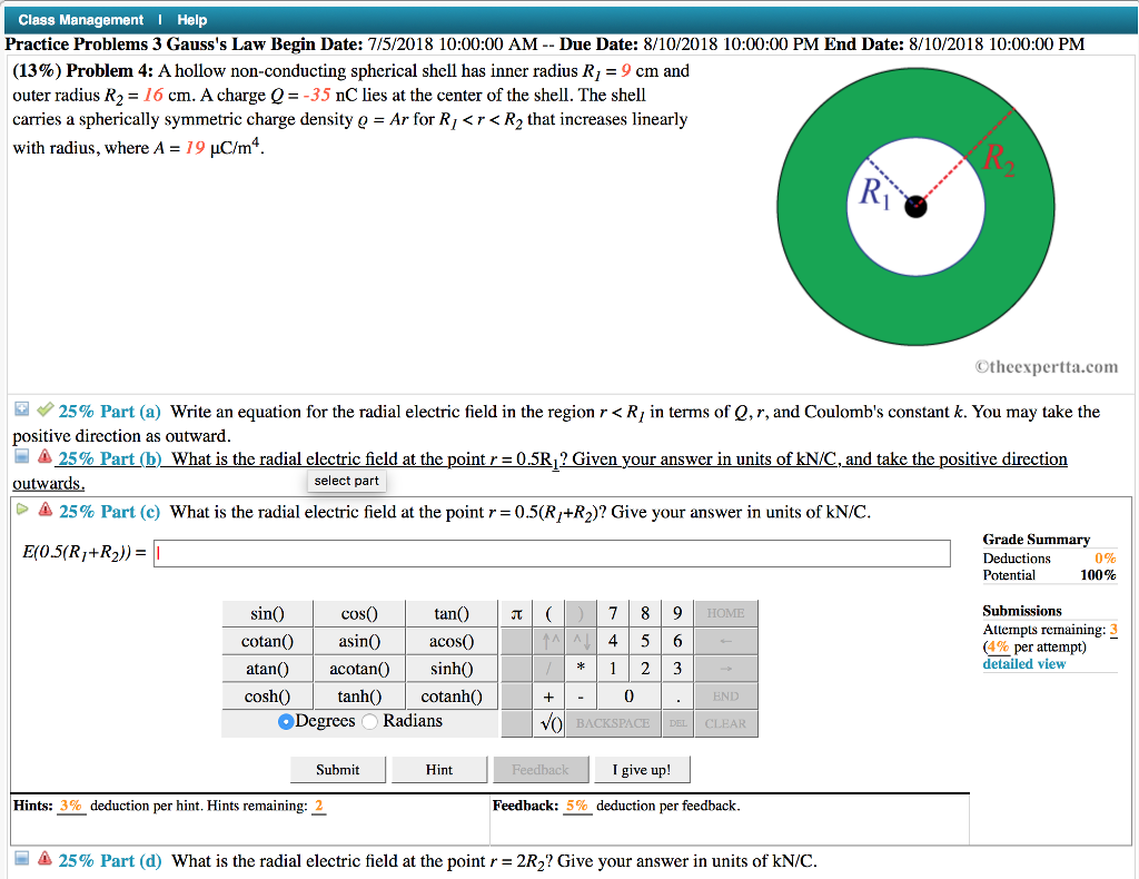 Solved Class Management Help Practice Problems 3 Gauss's Law | Chegg.com