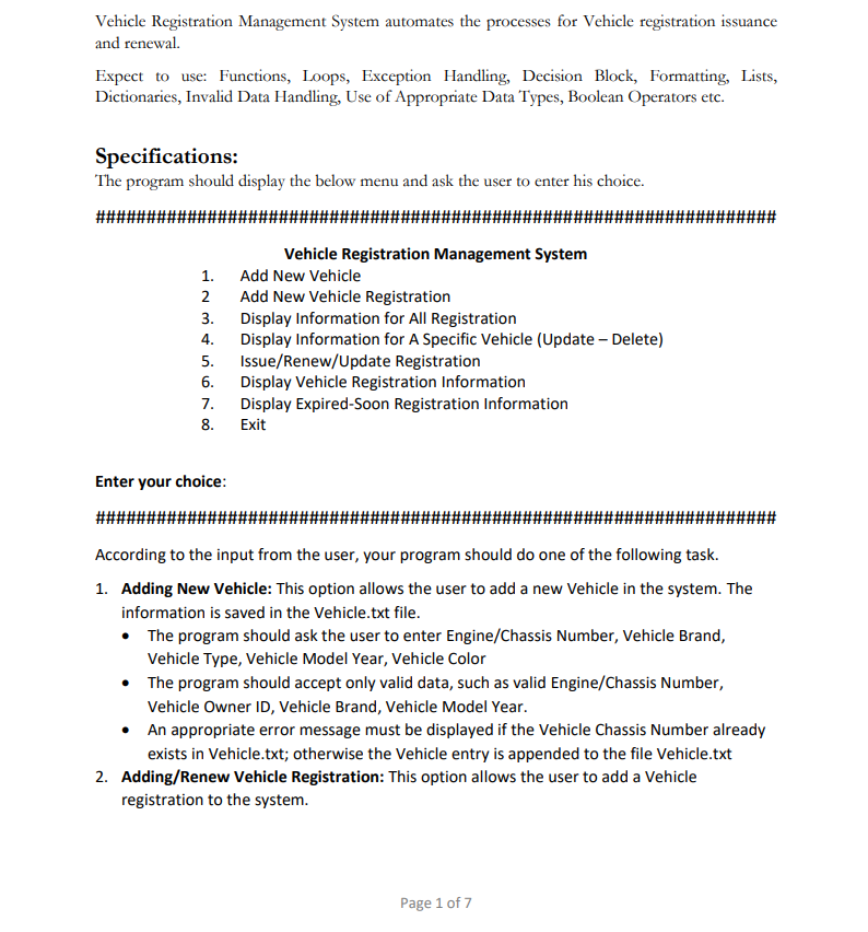 Solved Vehicle Registration Management System Project | Chegg.com