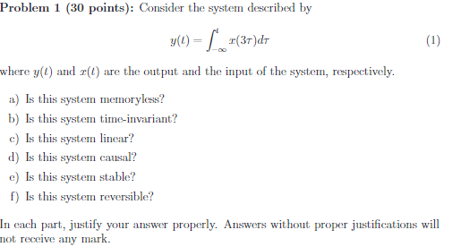 Solved Problem 1 ( 30 points): Consider the system described | Chegg.com