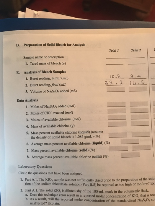 Experiment 29 Report Sheet Bleach Analysis Desk No. | Chegg.com