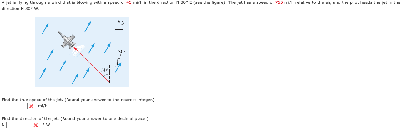 direction N30∘W. Find the true speed of the jet. | Chegg.com