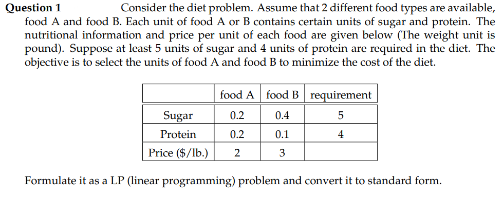 Solved Question 1 Consider the diet problem. Assume that 2 | Chegg.com