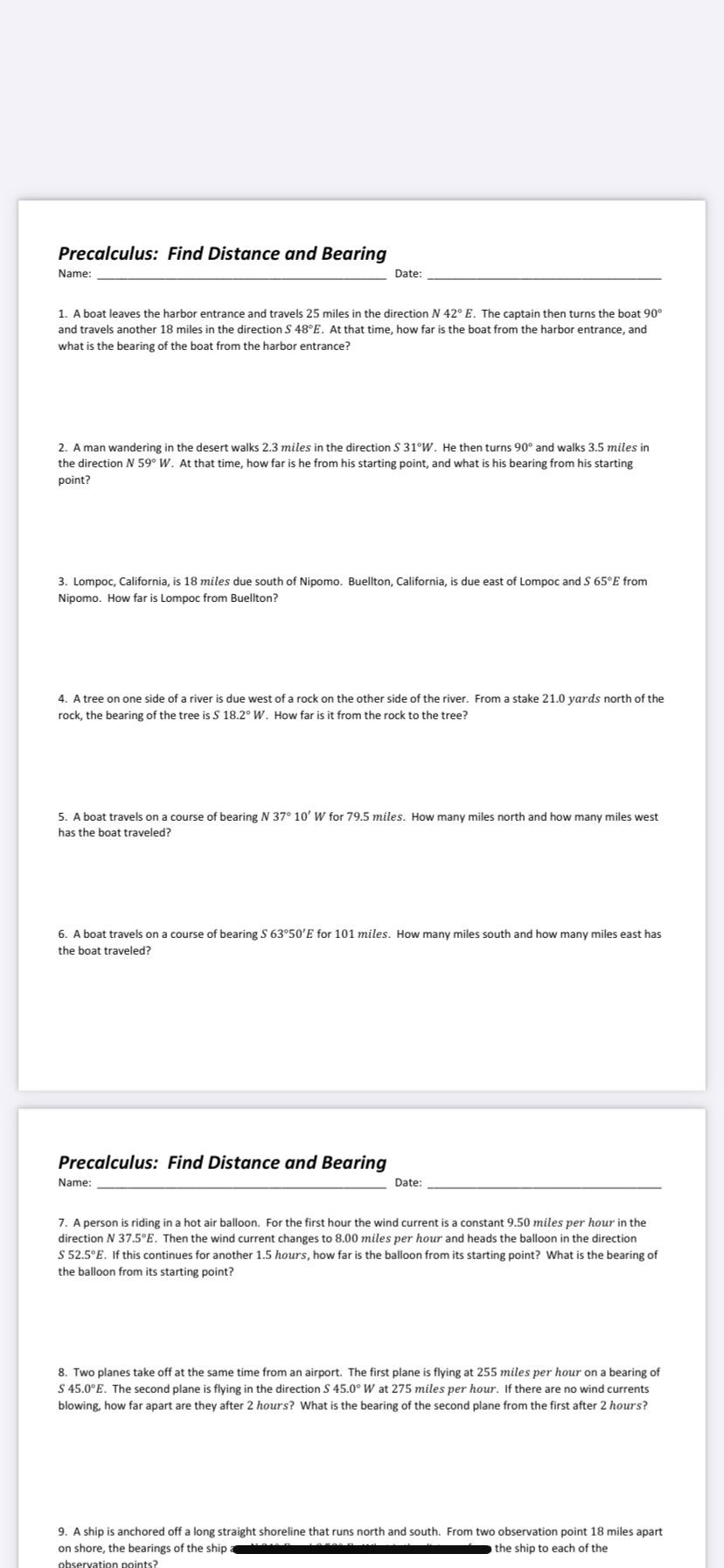 Solved Precalculus: Find Distance and Bearing Name: Date: 1. | Chegg.com