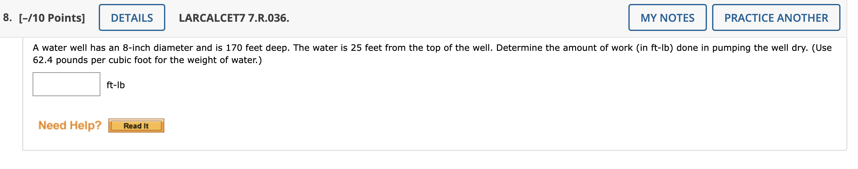 Solved A water well has an 8-inch diameter and is 170 feet | Chegg.com